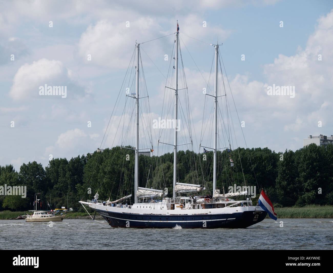 The Dutch three mast schooner Eendracht sailing on the Schelde river ...