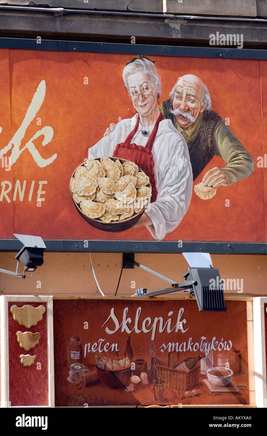 A painting on the front of a Warsaw bakery depicts typical home baked ...