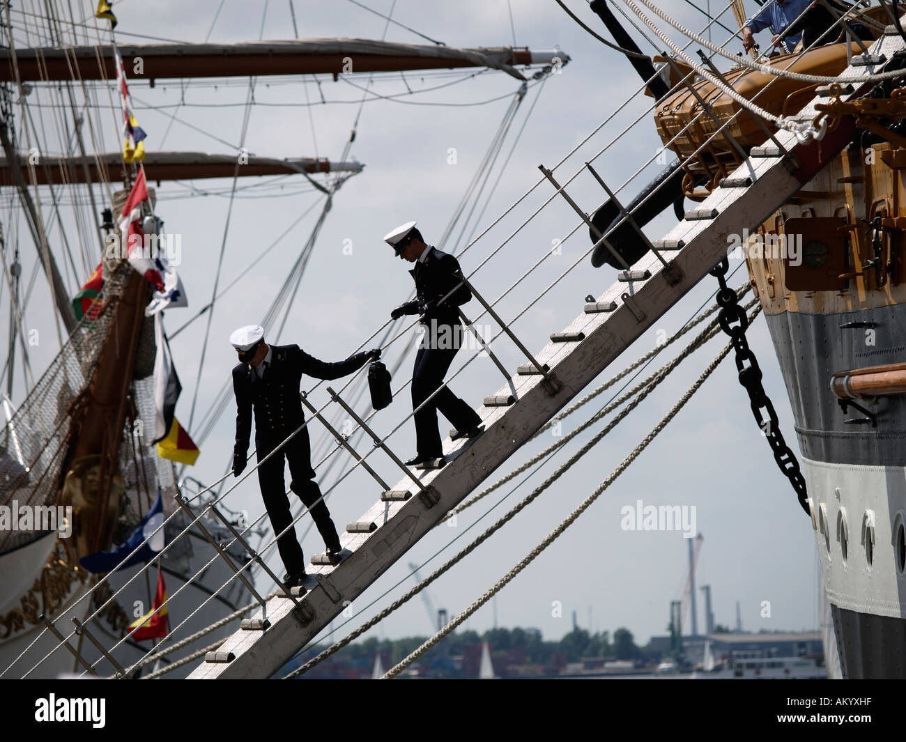 Two uniformed officers of the famous Italian tall ship Amerigo Vespucci ...