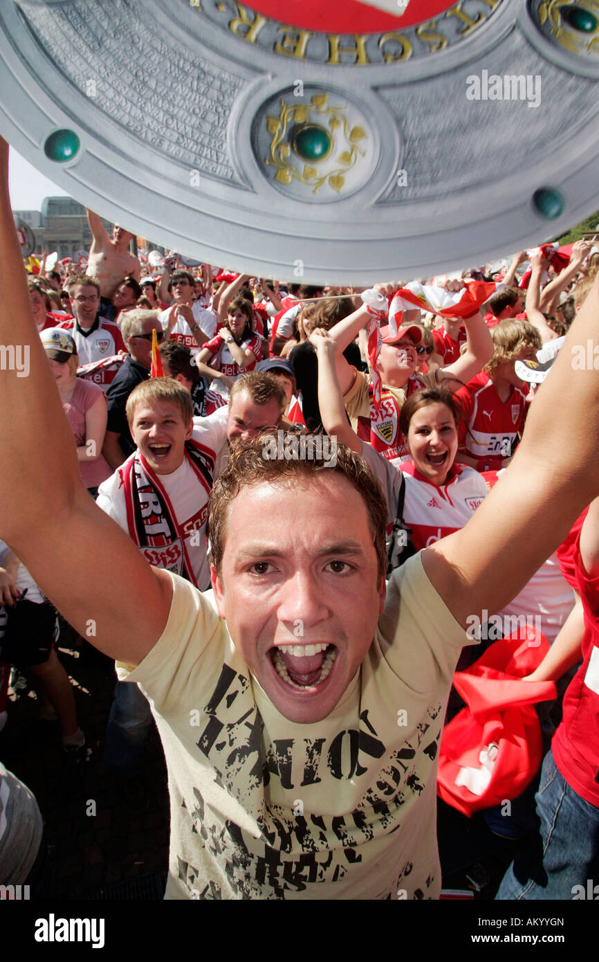 Supporters of the German soccer team VfB Stuttgart celebrating the ...