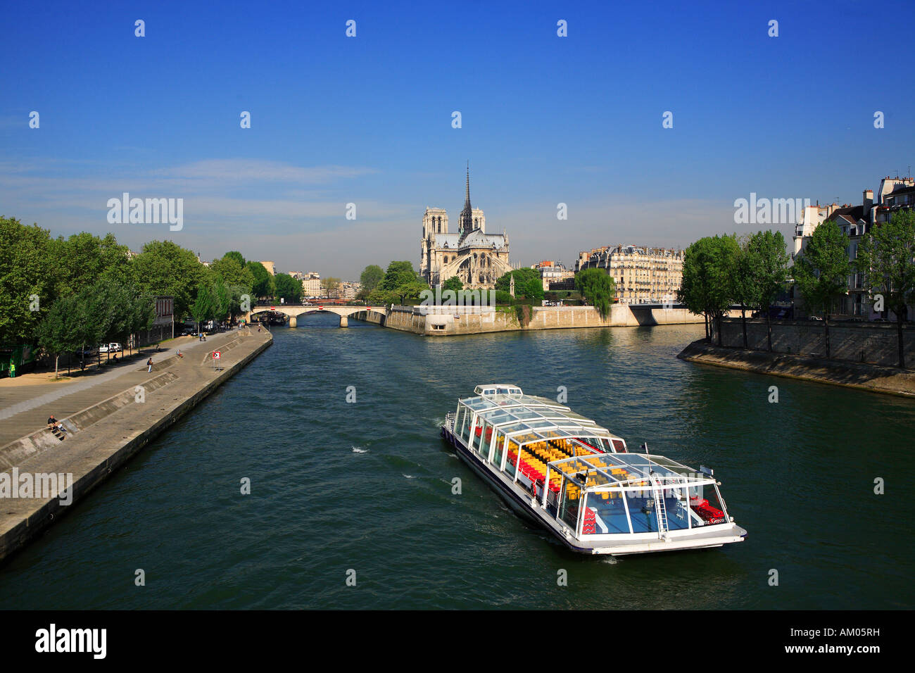 France, Paris, riverboat in front of Notre Dame de Paris cathedral ...