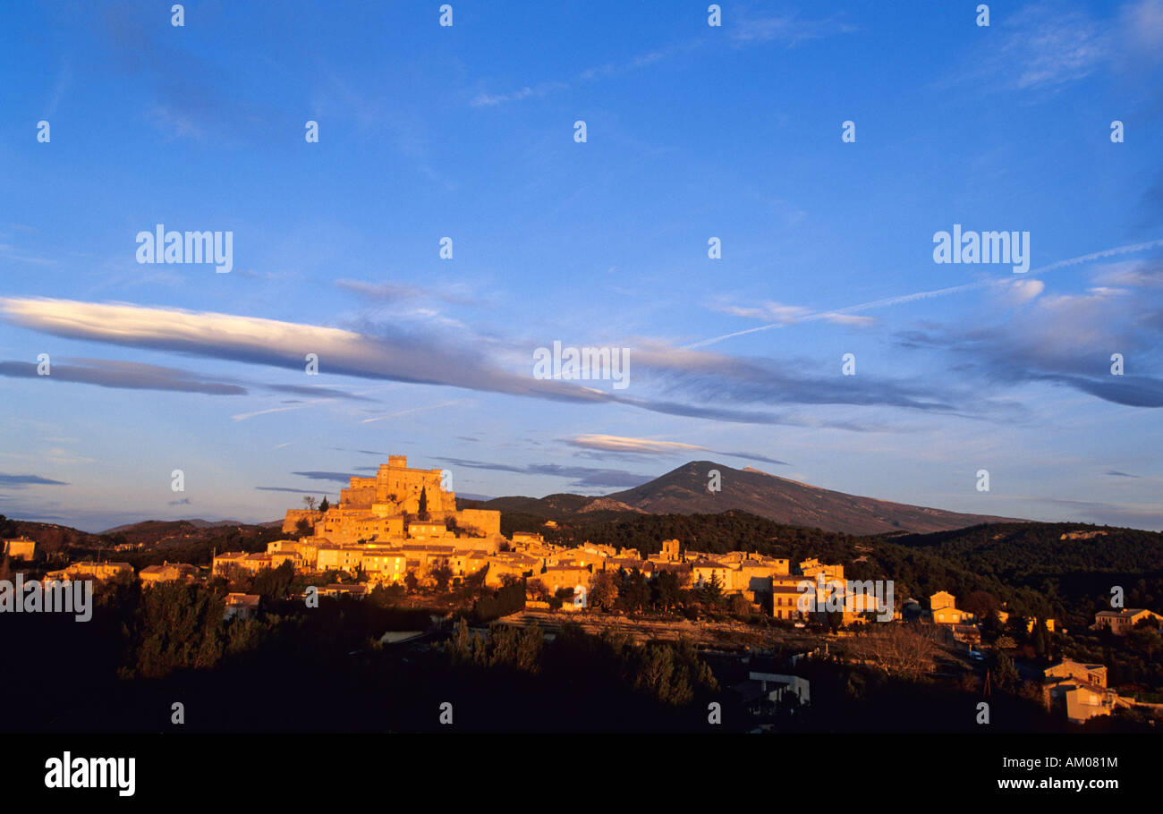 France, Vaucluse, Le Barroux village with the Mont Ventoux in the ...