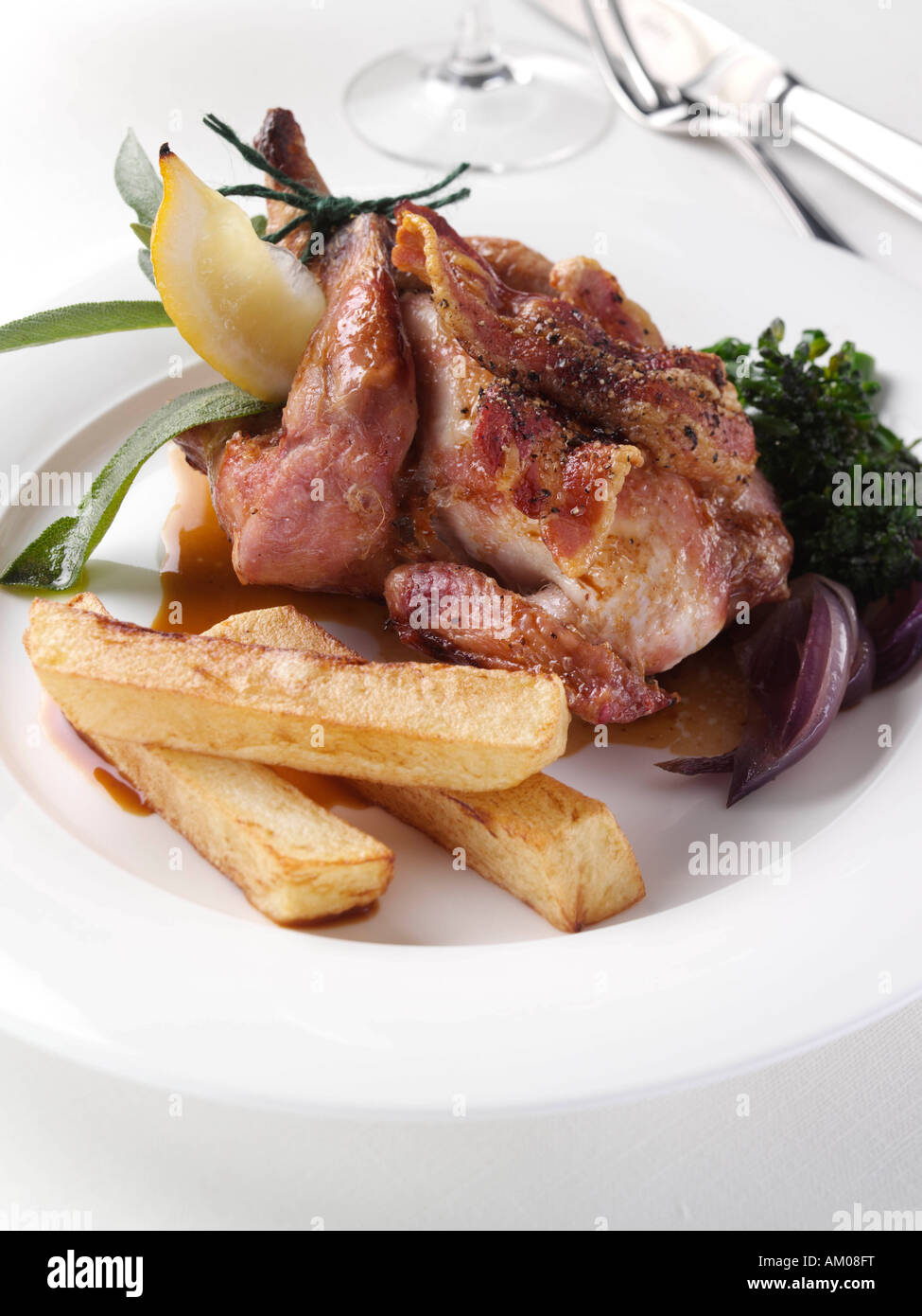 A whole roast poussin with game chips and red onions gourmet editorial ...