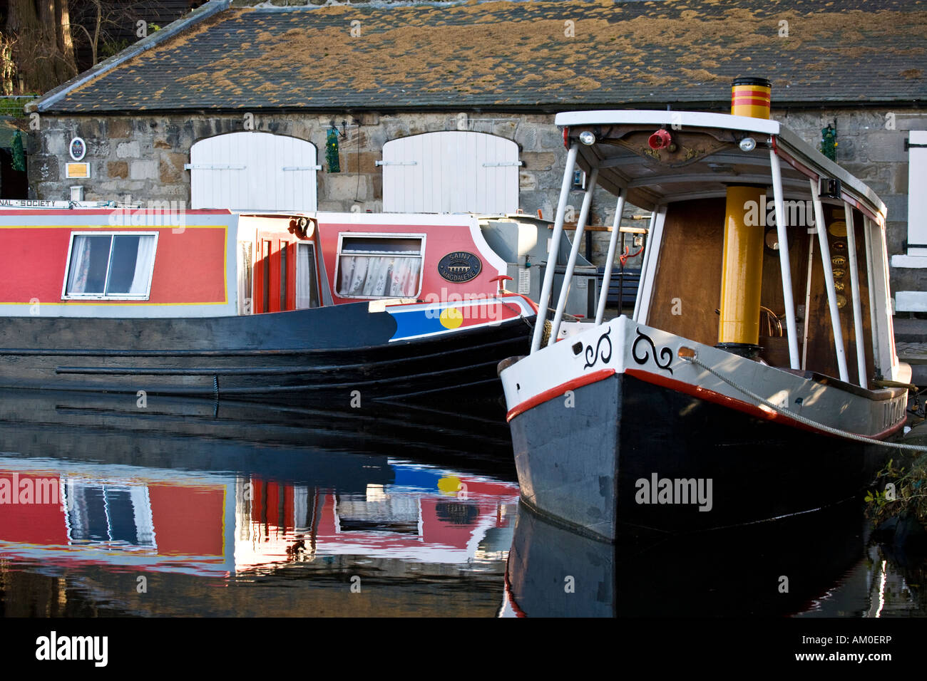 Narrow boat on the Union canal At Linlithgow basin, west lothian ...