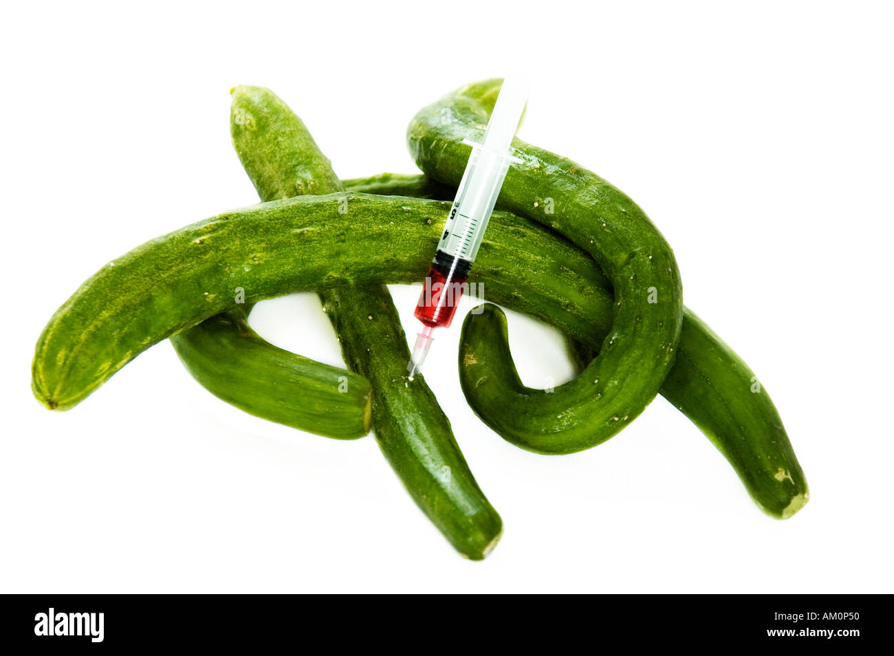 syringe in green cucumbers gm ogm food genetic modificarion genetically ...