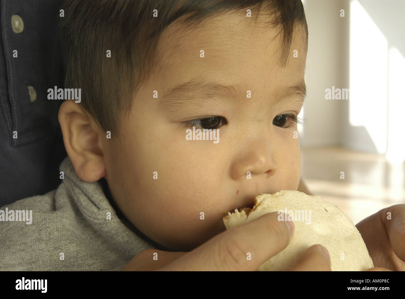 Child infant baby Asian Chinese face feed eat lunch snack chew bite ...