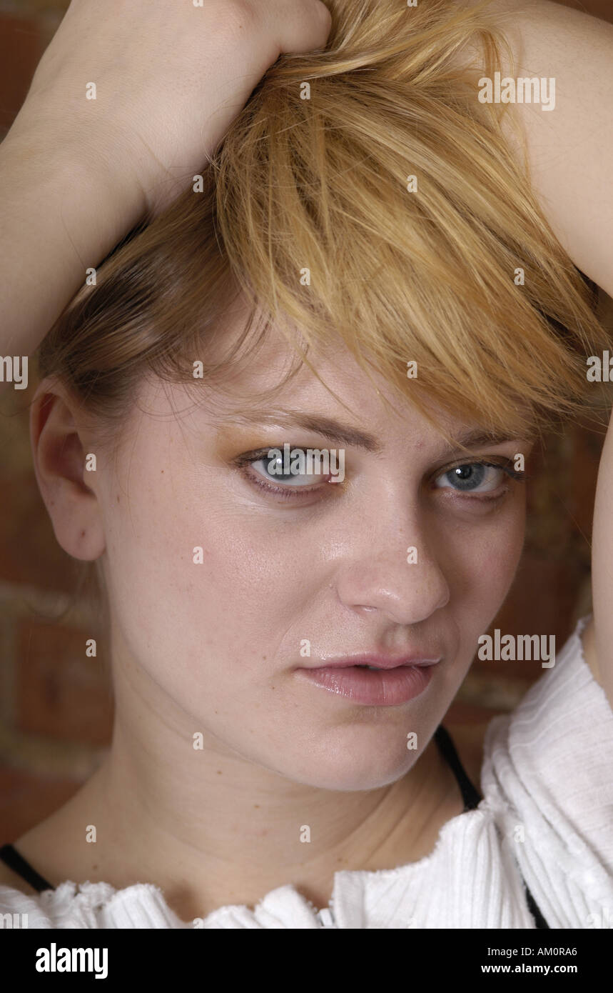 Face woman turn chin stare bangs fringe pout girl female lady caucasian ...