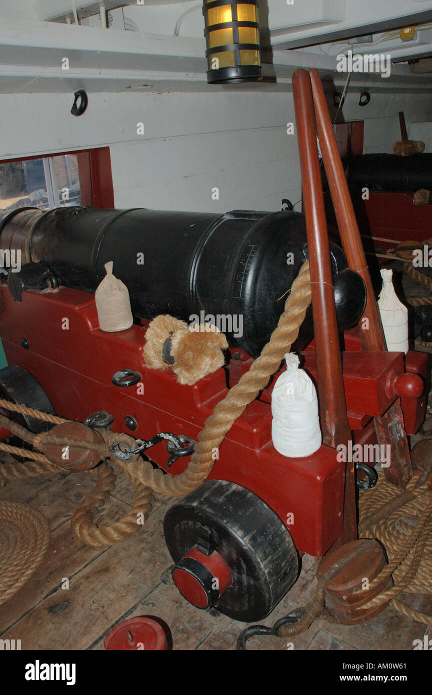 18 pounder cannon on the gun deck of the warship HMS Trincomalee ...