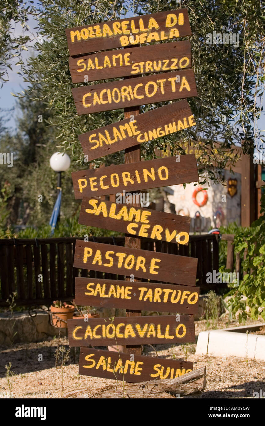 Signs with Italian delicatesses in front of a Trattoria, Italy Stock ...