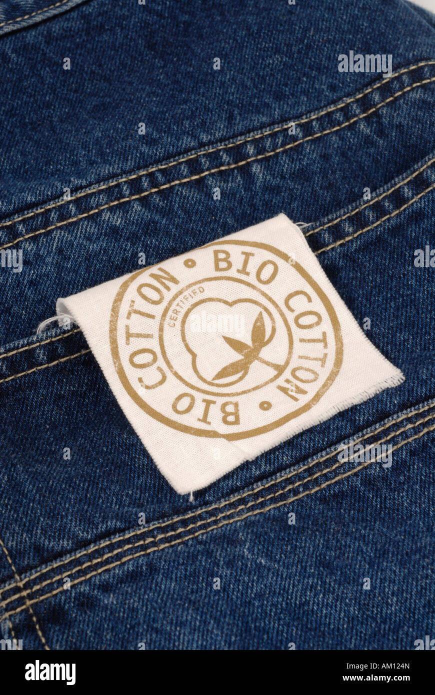 Bio cotton label at a jeans Stock Photo - Alamy