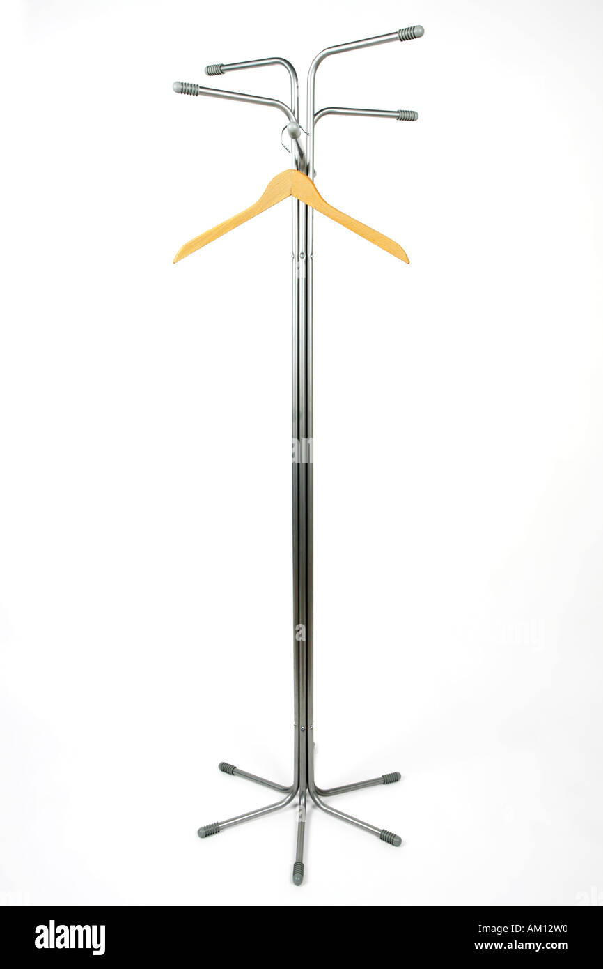 Silver coat stand with wooden hanger Stock Photo - Alamy