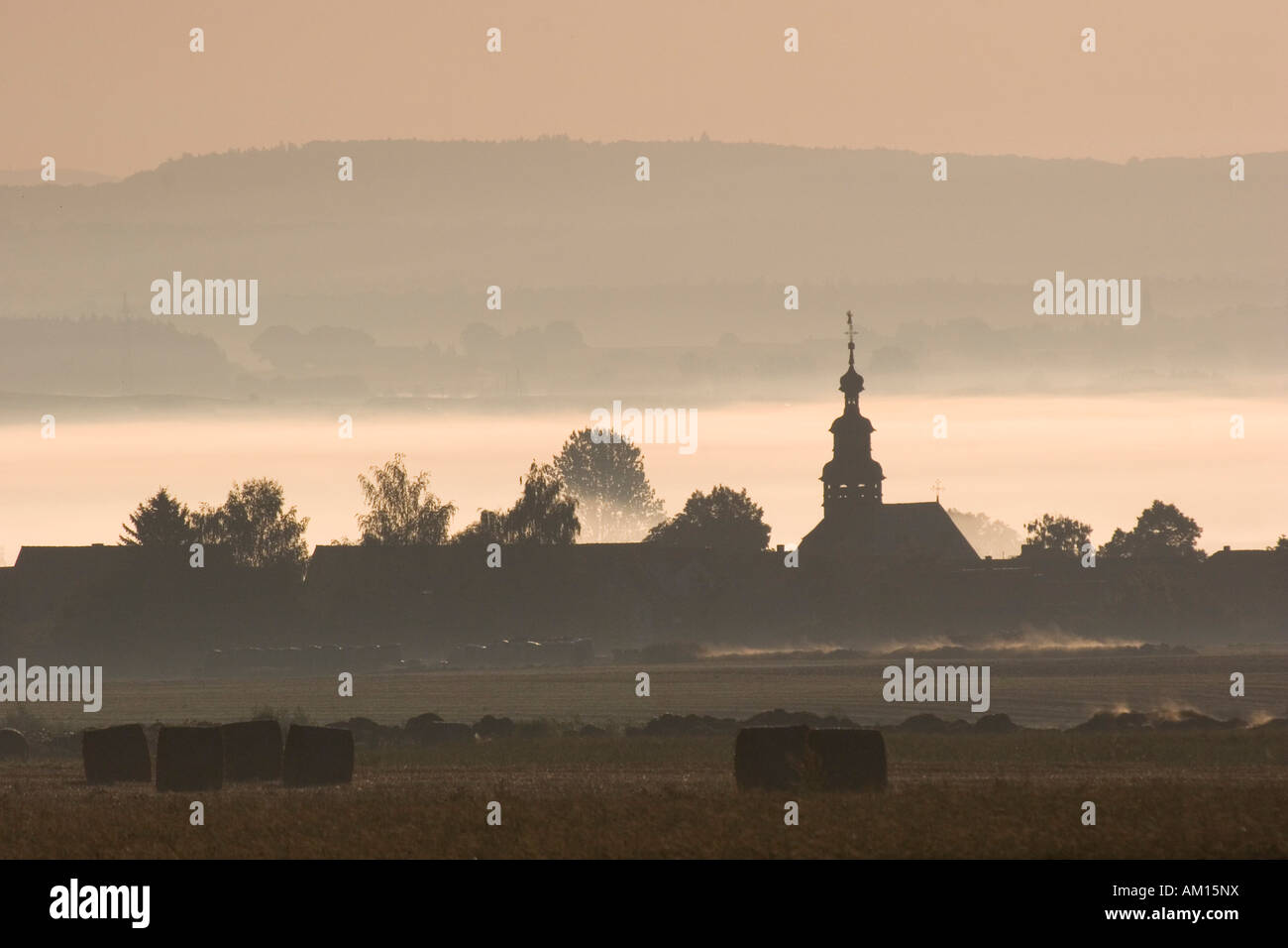 Village in morning fog, Rossdorf, Hesse, Germany Stock Photo - Alamy