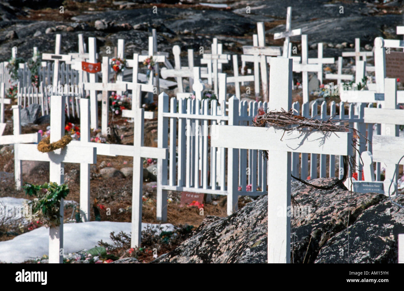 Cemetery with simple white wooden crosses, Ilulissat, Greenland Stock ...