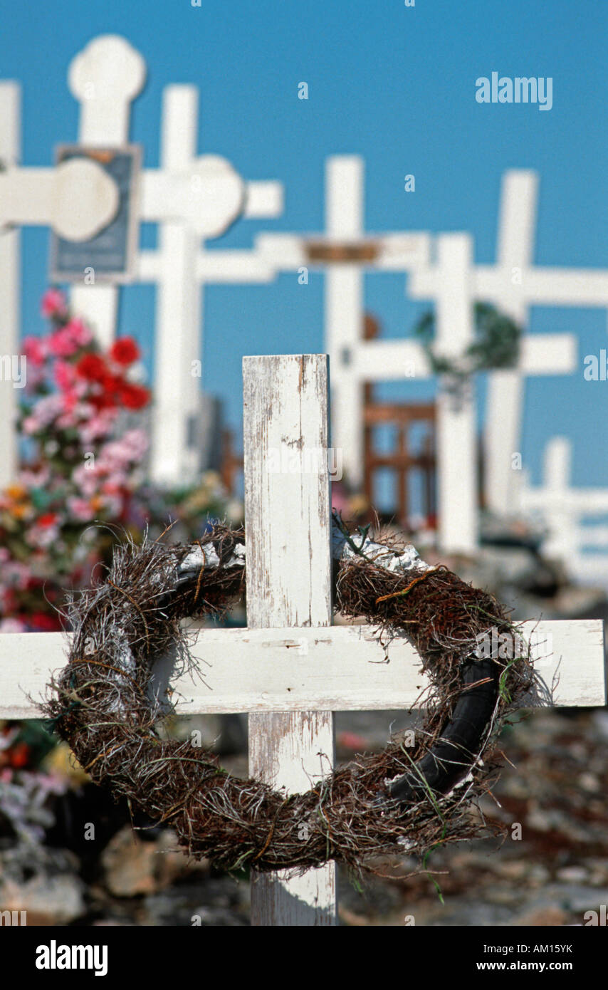 Cemetery with simple white wooden crosses, Ilulissat, Greenland Stock ...