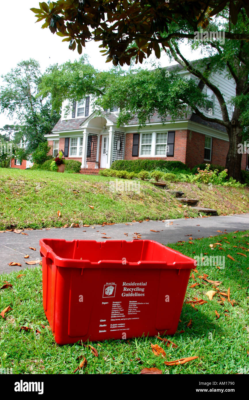 Recycling Bin on Curb in Neighborhood Stock Photo - Alamy