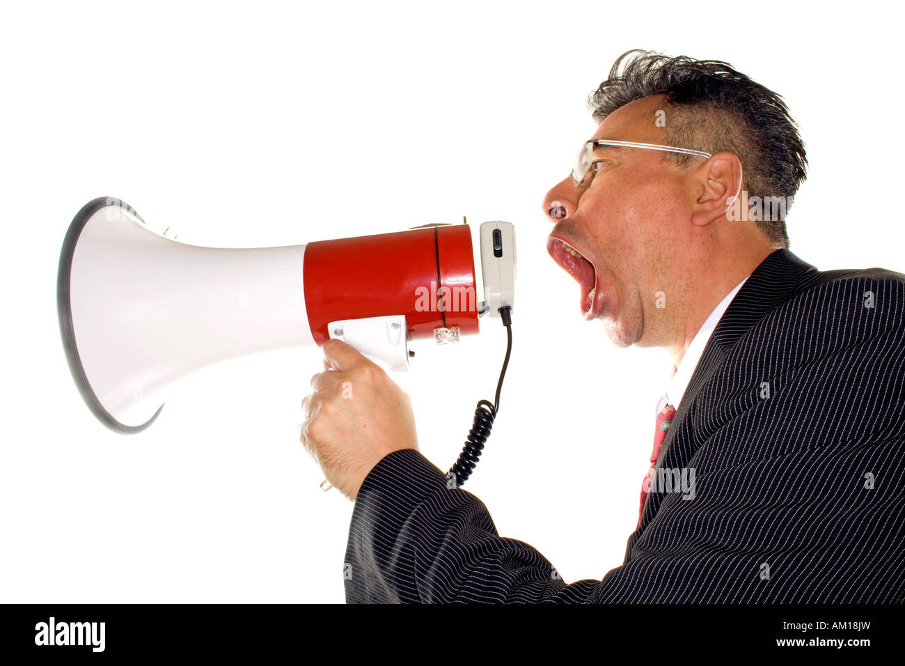 Business man screaming into a megaphone Stock Photo - Alamy