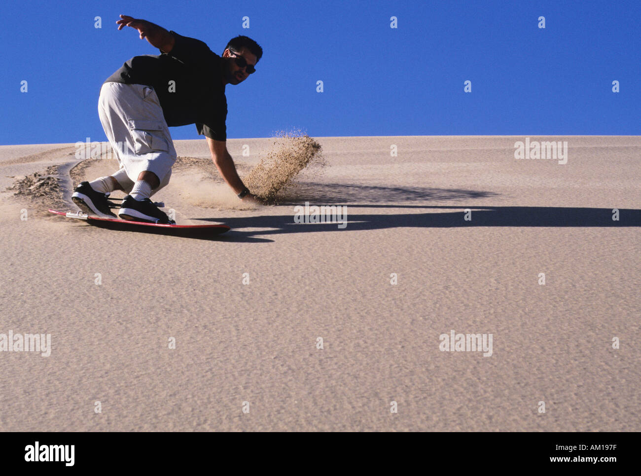 Sandboarding on a sand dune in the desert Stock Photo - Alamy