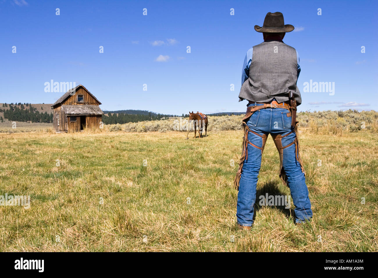 Cowboy with horse and barn, wildwest, Oregon, USA Stock Photo - Alamy