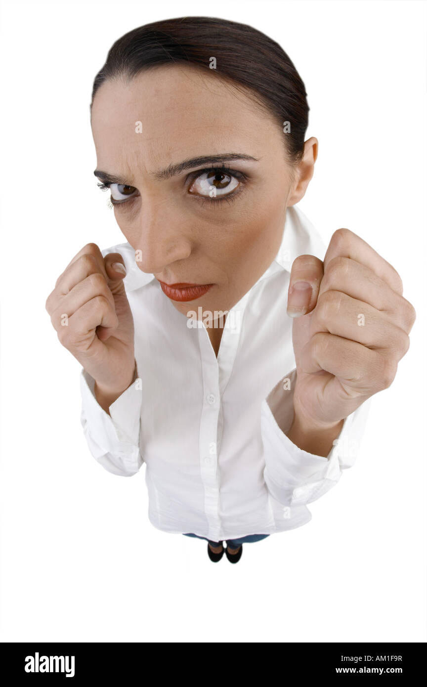 Woman wants a fight. Made with fisheye lens Stock Photo - Alamy