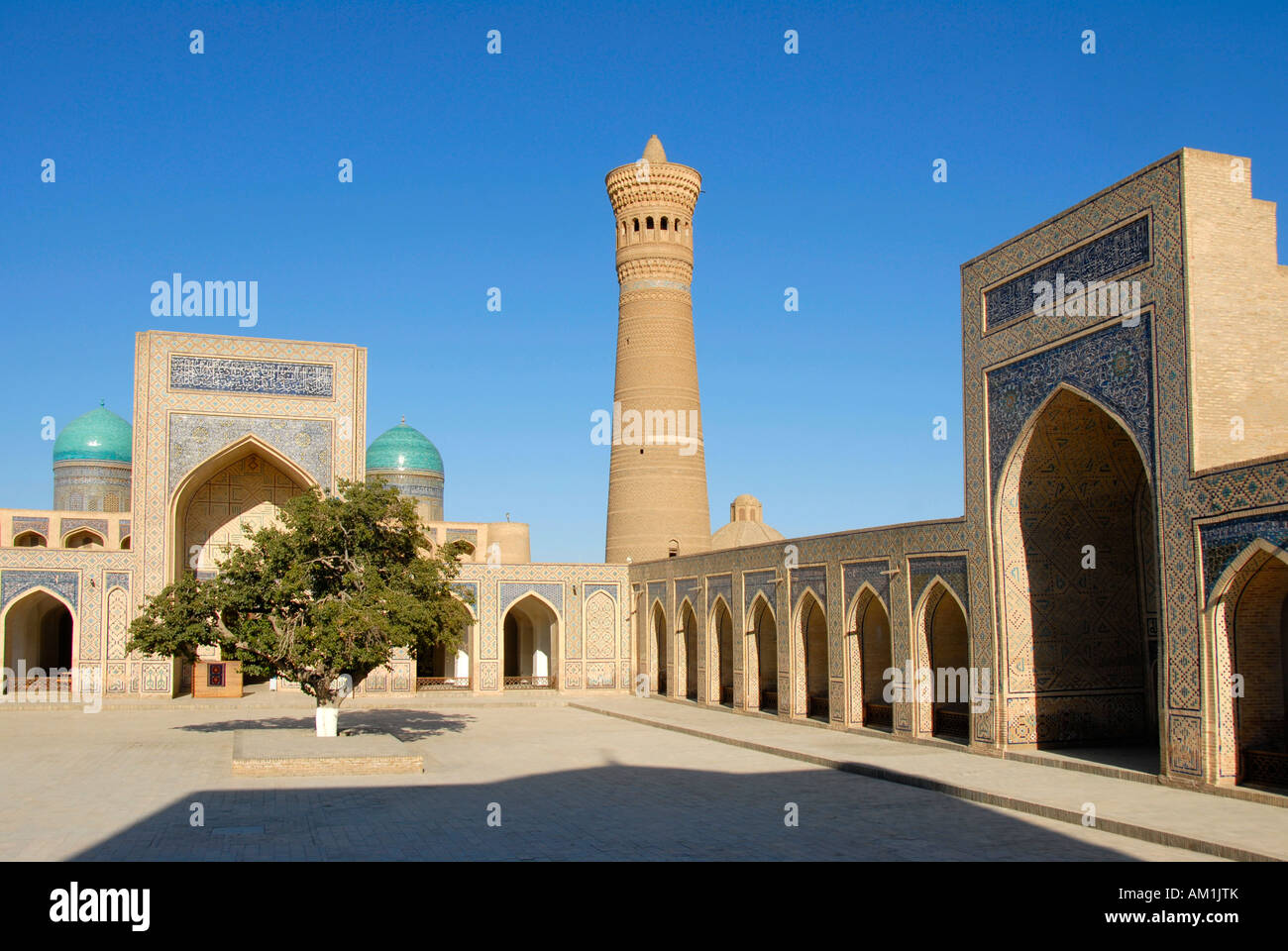 Yard with tree in front of rich decorated iwan inside Mosque Kalon with ...