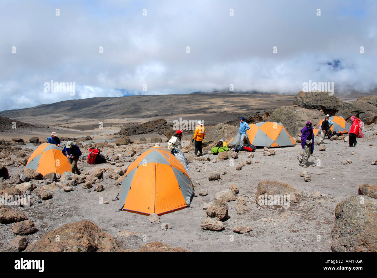Group of trekkers with tents at School Hut Camp Kikelewa Route ...