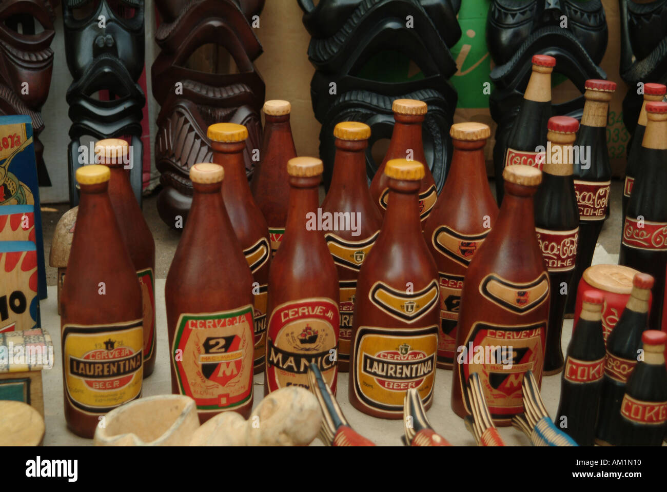 Maputo craft market selling wooden beer bottle as tourists souvenirs ...