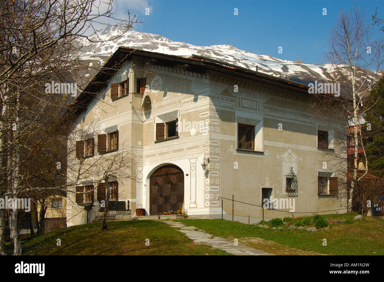 Typical Engadine house in Samedan, Engadin, Grisons, Switzerland Stock ...