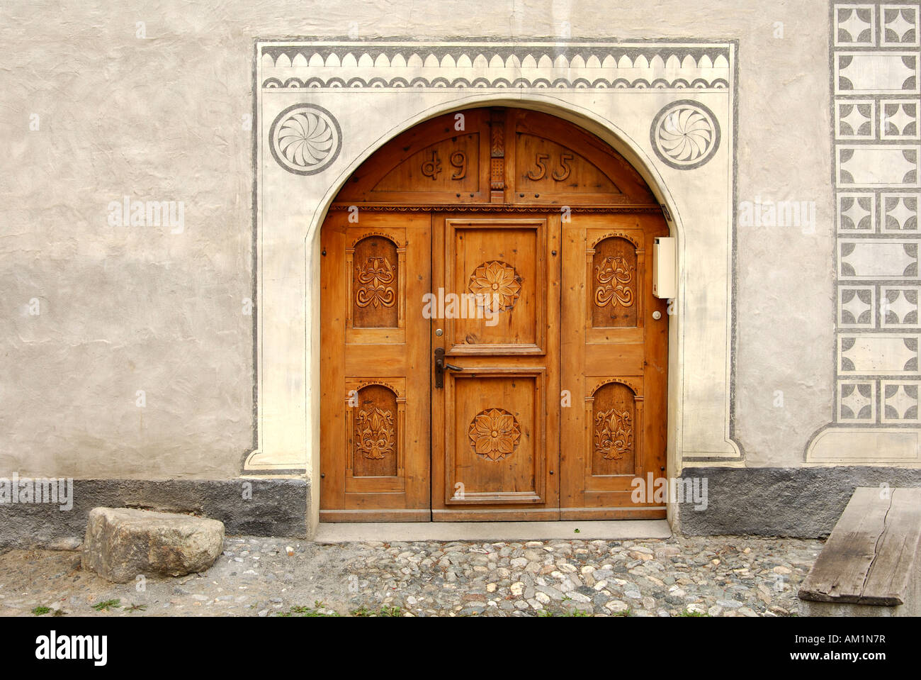 Entrance of an Engadin house decorated with Sgraffito ornaments, Scuol ...
