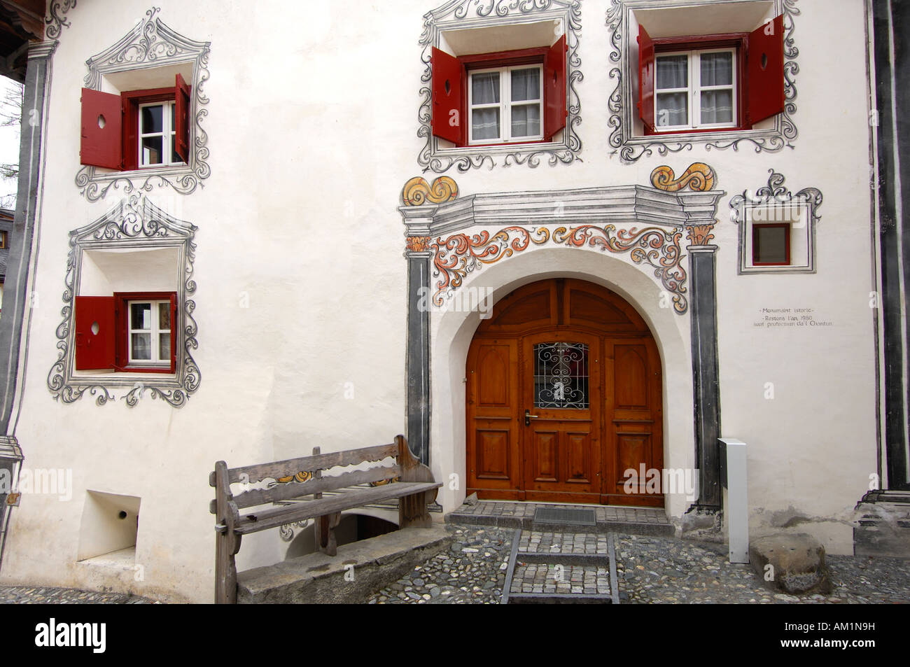 Engadin house decorated with Sgraffito ornaments, Scuol, Schuls, Lower ...