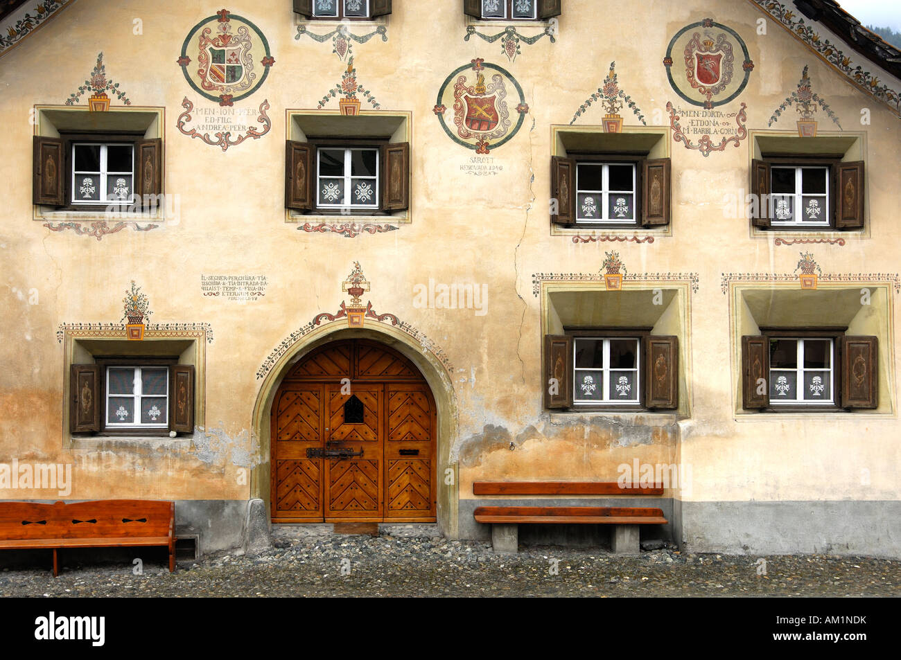 Windows of a typical Engadin house, Scuol, Lower Engadin, Grisons ...