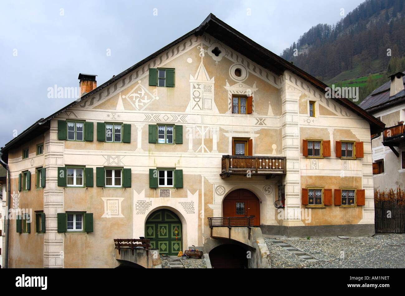Windows of a typical Engadin house, Ardez, Lower Engadin, Grisons ...