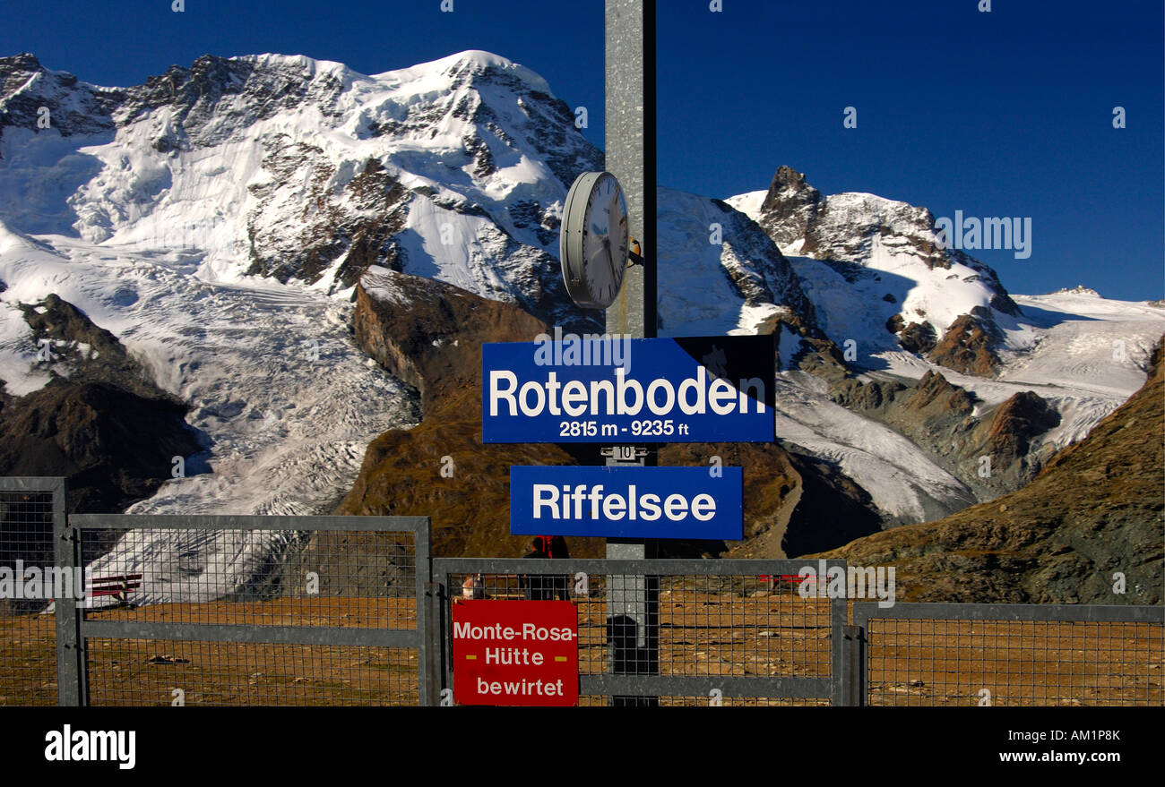 At Rotenboden station of the Gornergrat train, peaks Breithorn and ...
