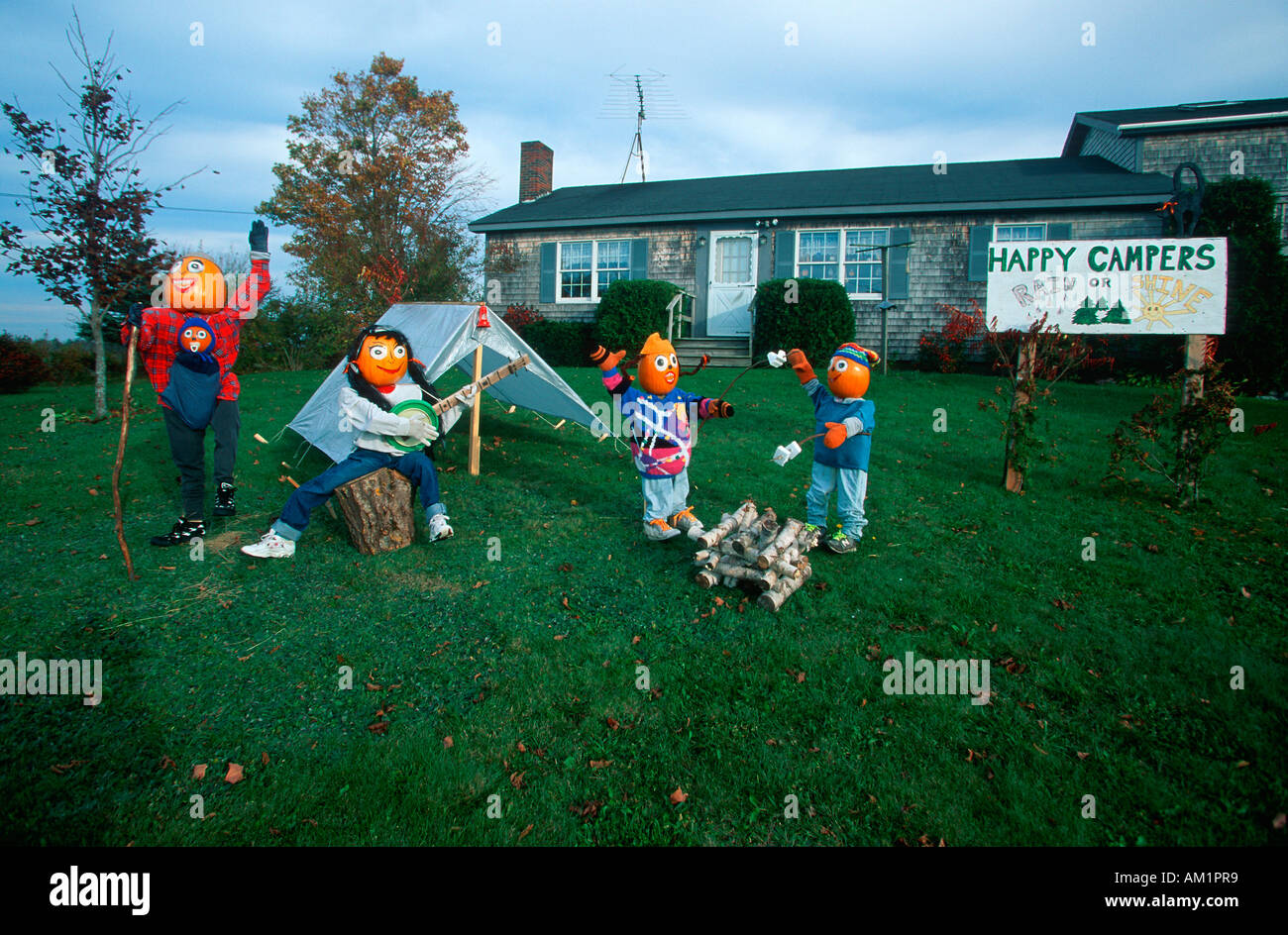 Pumpkin Characters Camping on Front Lawn of House Maine Stock Photo - Alamy