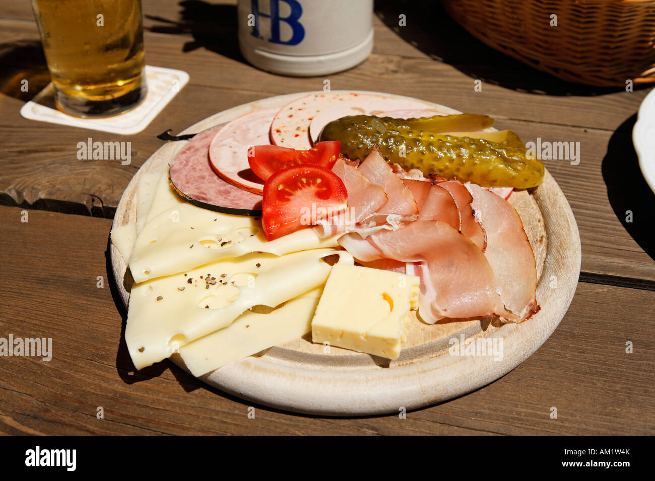Cheese, ham, sausages, Bavarian meal, Upper Bavaria, Germany Stock ...