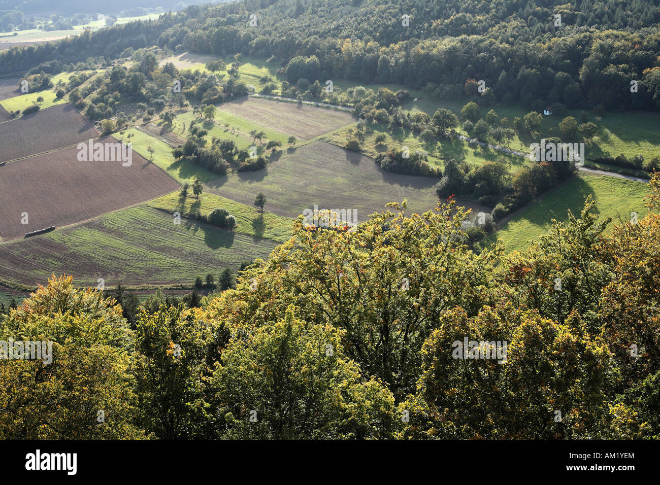 View from castle ruin Lichtenburg near Ostheim, Rhoen, Franconia ...