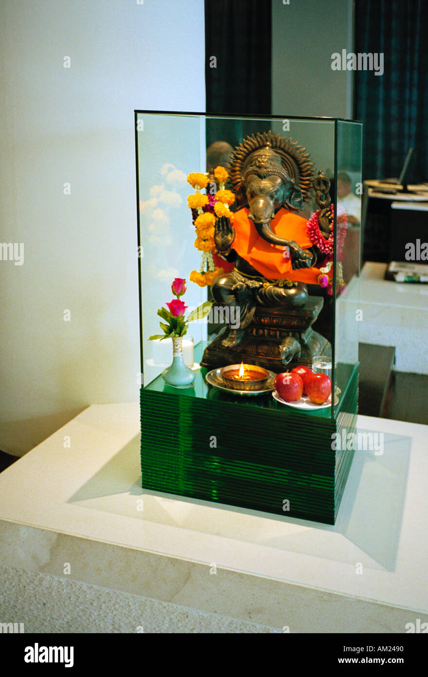 Bangkok Thailand - A Buddhist elephant god shrine in the reception area ...