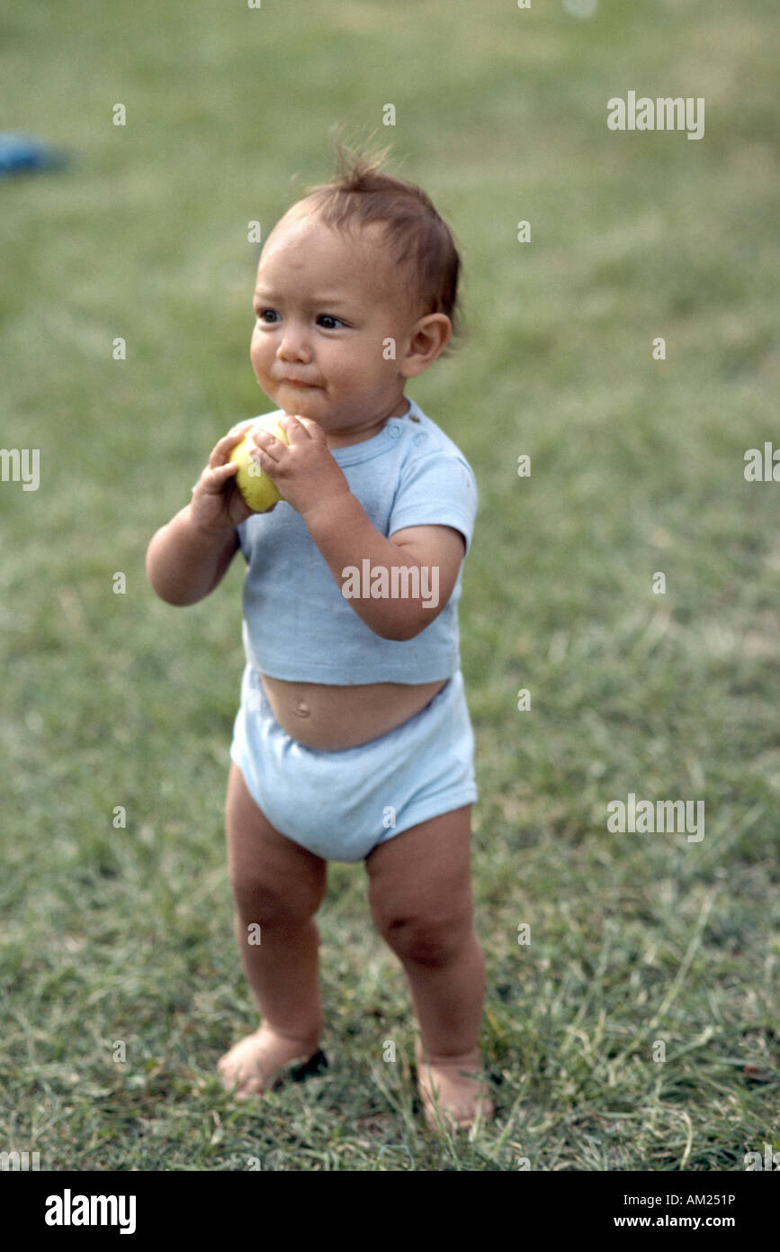 one year old boy standing eating an apple Stock Photo - Alamy