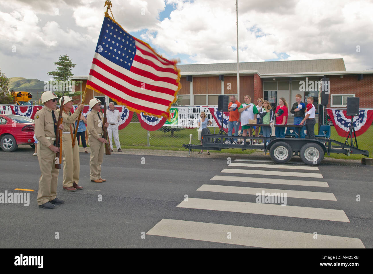 Color guard leading Fourth of July parade with an American flag in Lima ...