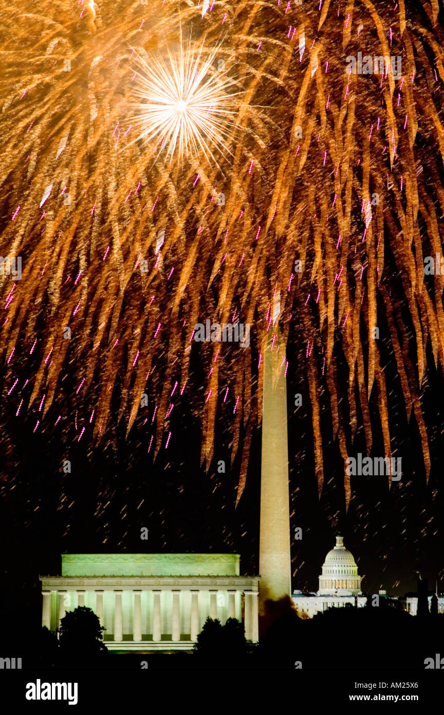 Fourth of July celebration with fireworks exploding over the Lincoln ...