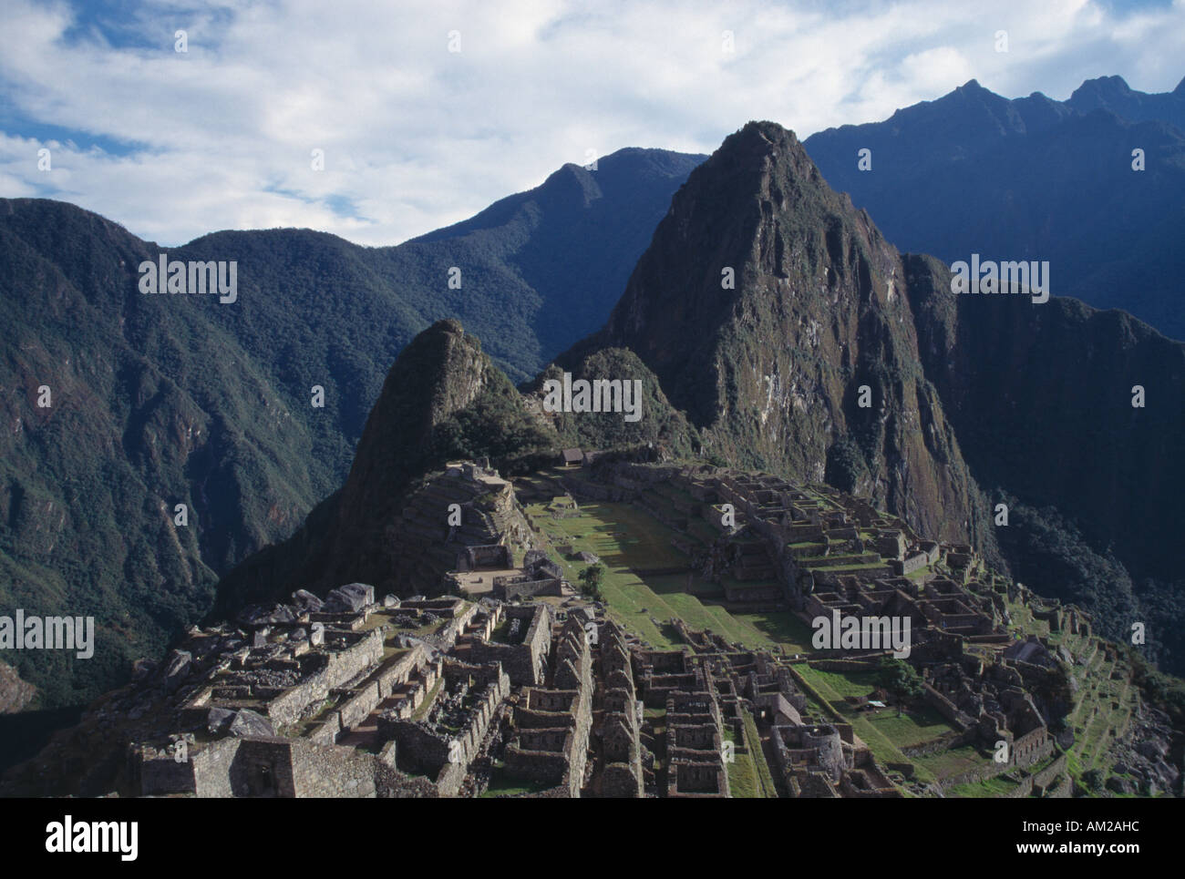 PERU South America Cuzco Machu Picchu View over hilltop Inca City ruins ...