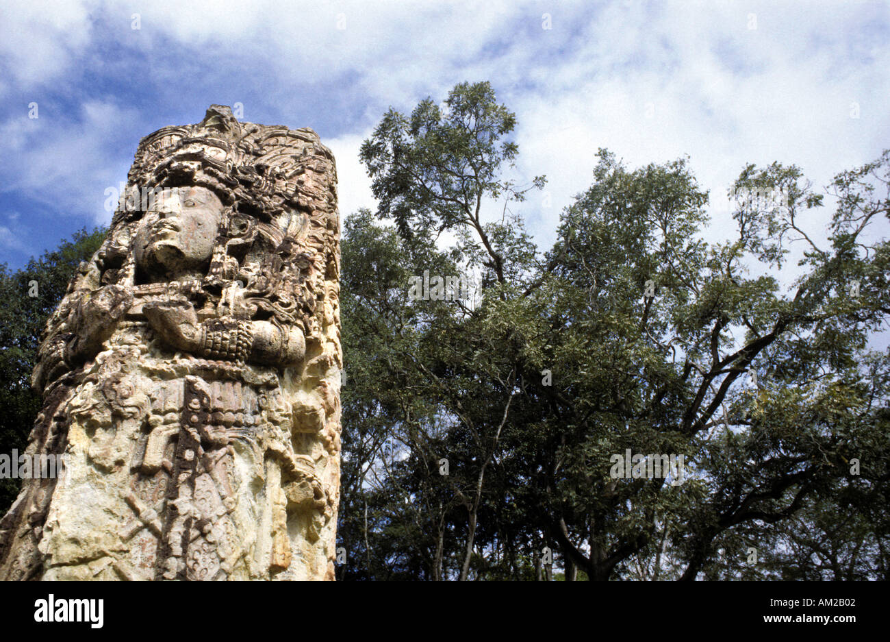 Stone carved stela megalith depicting ancient Maya King Smoke 18 Rabbit ...