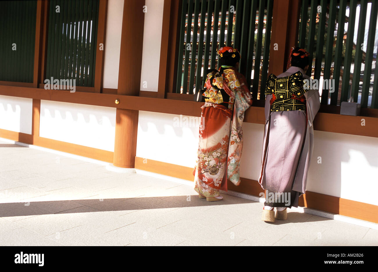 Young Japanese women dressed in kimonos at Yakushiji temple Nara for ...