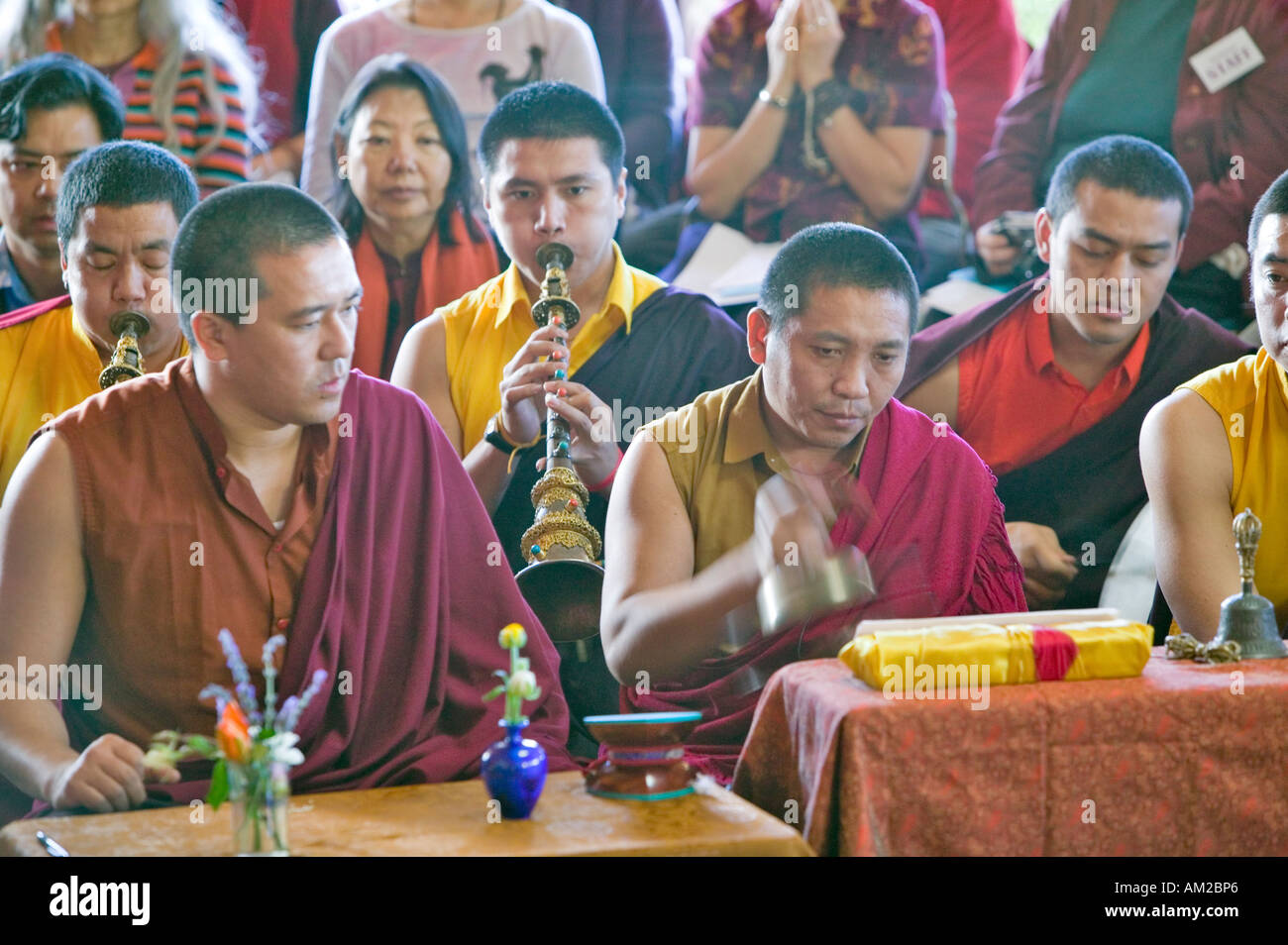 Tibetan Monks with horns and cymbals at Amitabha Empowerment Buddhist ...