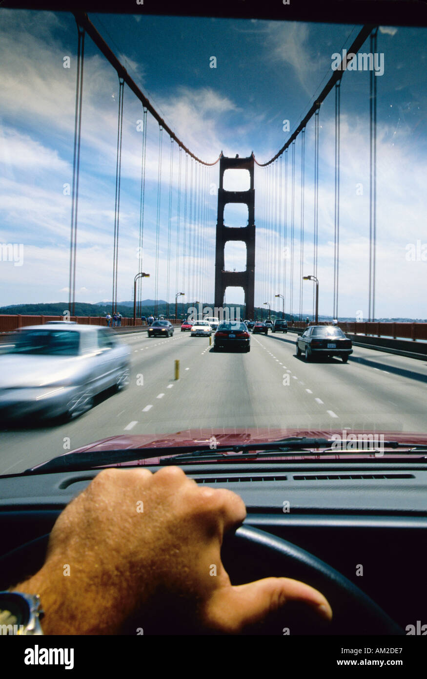 Driving across the Golden Gate Bridge San Francisco California USA ...