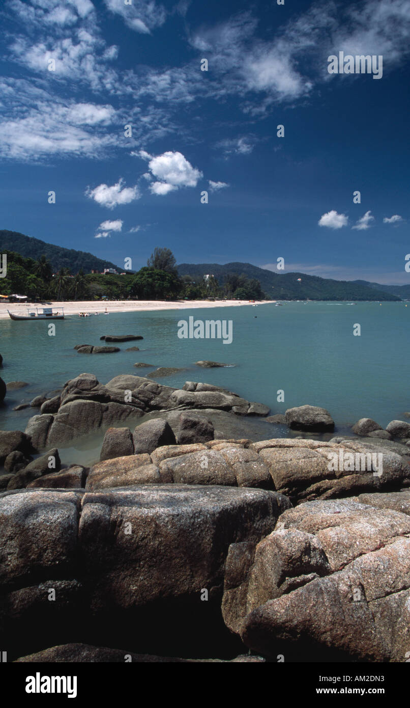 MALAYSIA Penang Batu Ferringhi Beach View over rocks and bay of ...