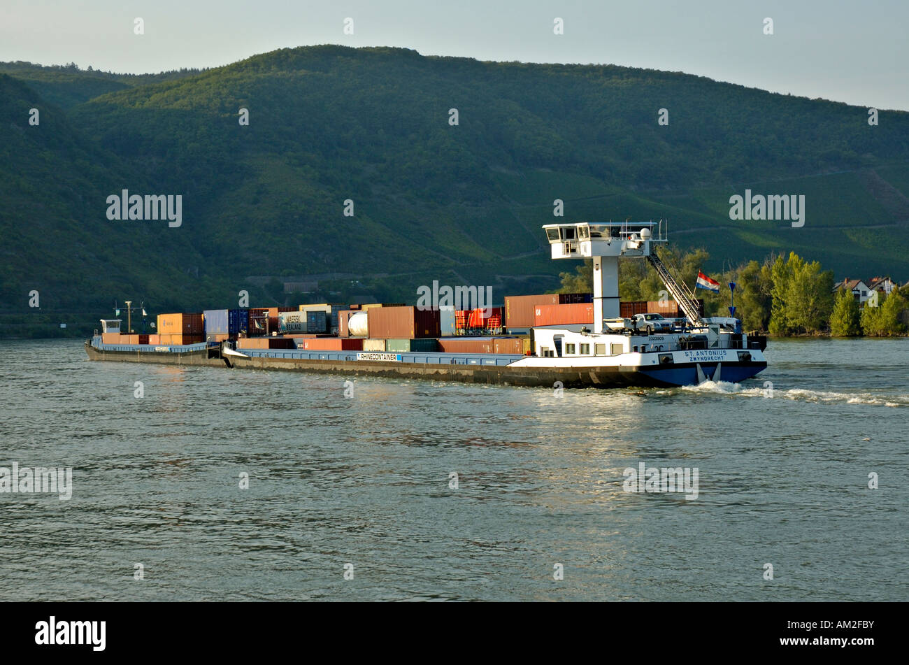 Container carrying barge on the Rhine near Boppard, Germany Stock Photo ...