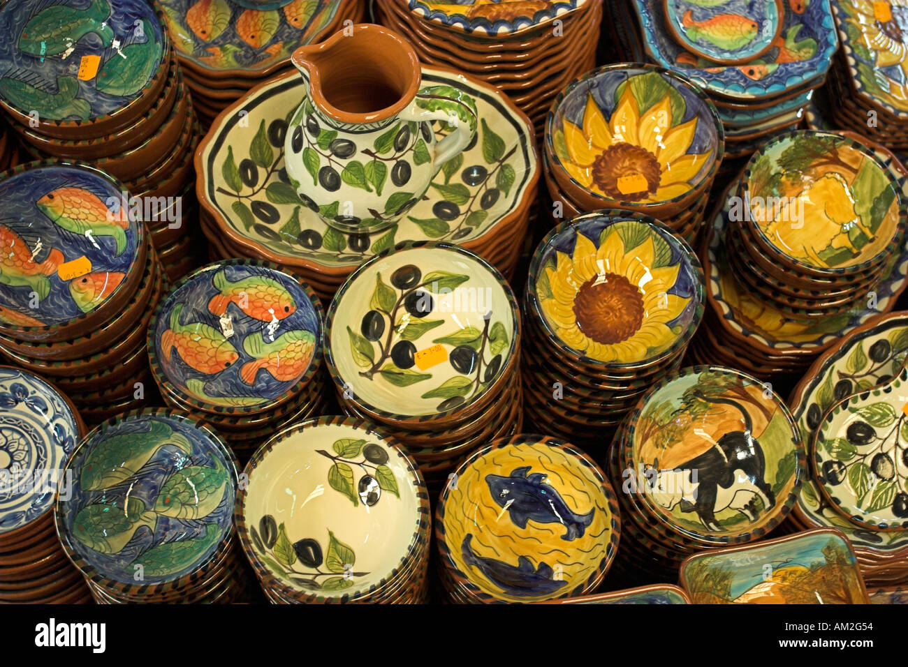 Pottery stall at an indoor market in the town of Loule in the central ...