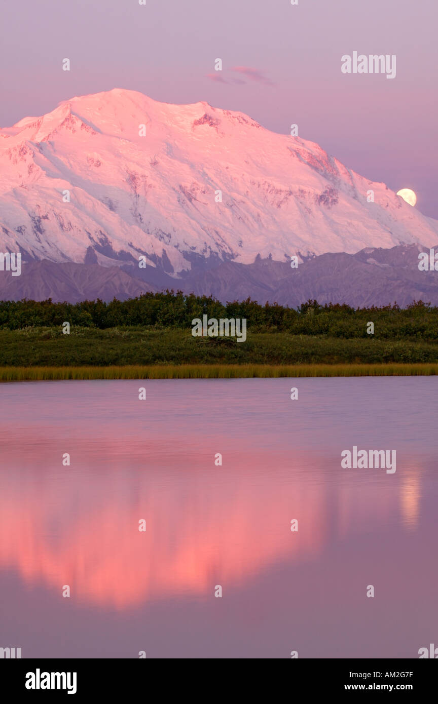 The full moon and Mt McKinley from Reflection Pond Denali National Park ...