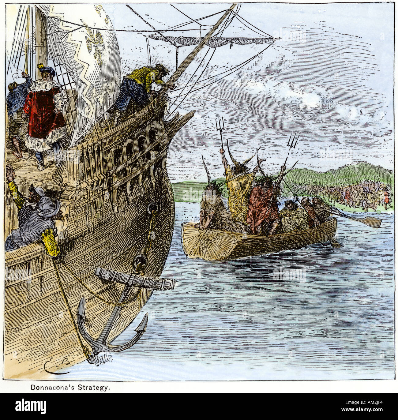 Huron chief Donnacona warns Jacques Cartier not to sail up the St Stock ...