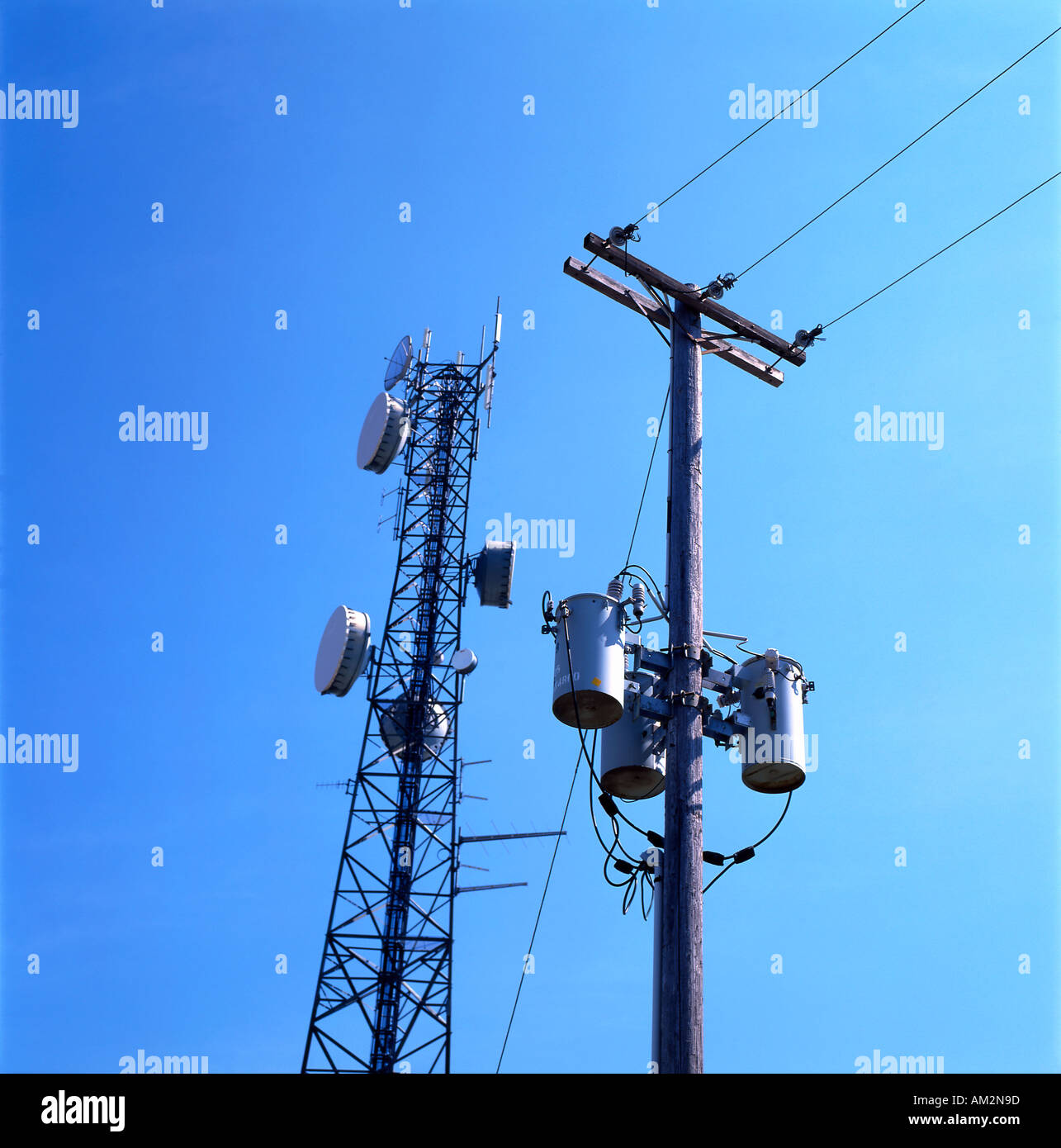 Radar Tower, satellite discs, power lines and electricity pole Fort ...